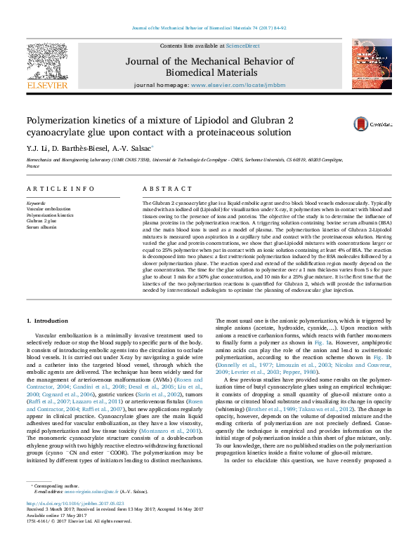 (PDF) Polymerization kinetics of a mixture of Lipiodol and Glubran 2 ...