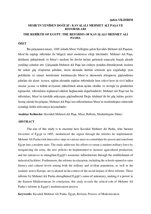 (PDF) MISIR'IN YENİDEN DOĞUŞU: KAVALALI MEHMET ALİ PAŞA VE REFORMLARI