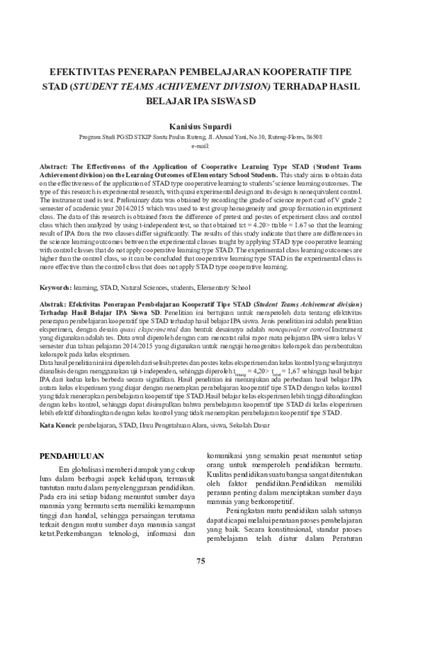 (PDF) Efektivitas Penerapan Pembelajaran Kooperatif Tipe Stad (Student Teams Achivement Division ...
