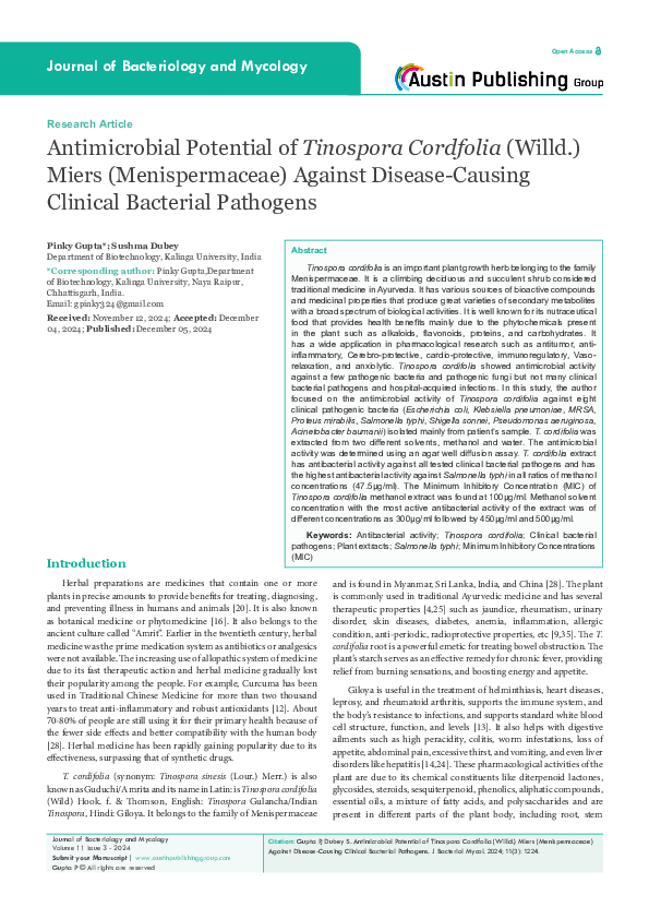 (PDF) Antimicrobial Potential of Tinospora Cordfolia (Willd.) Miers (Menispermaceae) Against ...