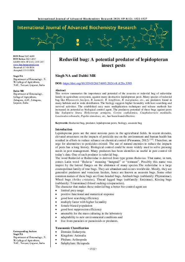 (PDF) Reduviid bug: A potential predator of lepidopteran insect pests