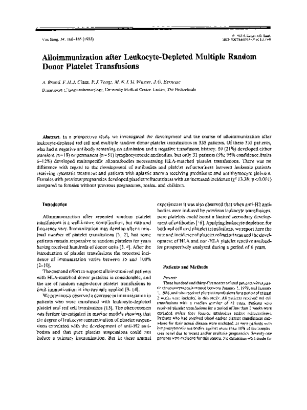 (PDF) Alloimmunization after Leukocyte-Depleted Multiple Random Donor ...