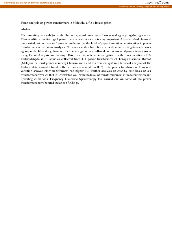 (PDF) Furan Analysis on Power Transformers in Malaysia: a Field ...