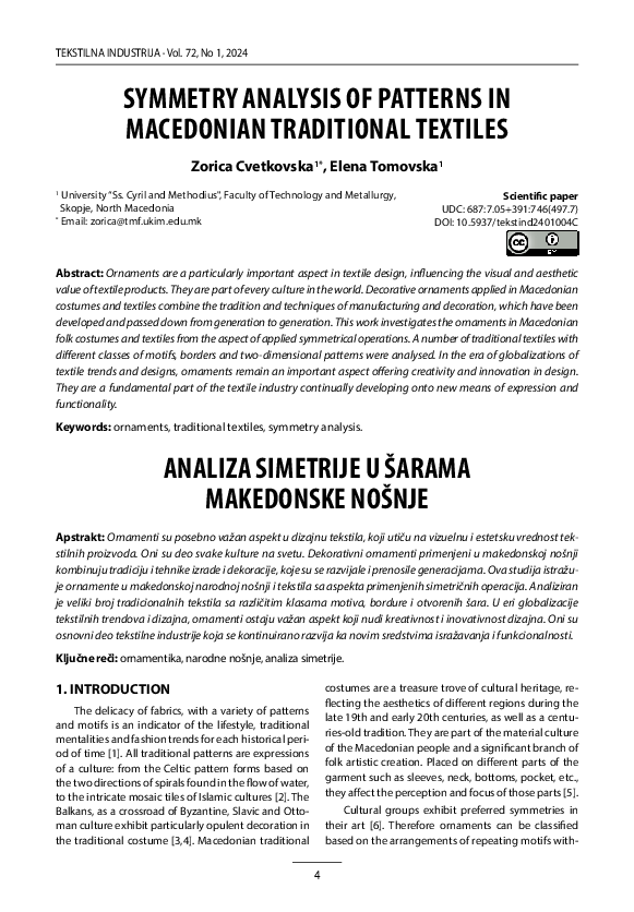 (PDF) Symmetry analysis of patterns in Macedonian traditional textiles