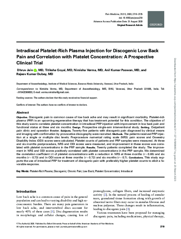 (PDF) Intradiscal Platelet-Rich Plasma Injection for Discogenic Low ...
