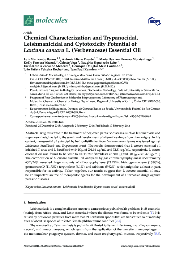 (PDF) Chemical Characterization and Trypanocidal, Leishmanicidal and Cytotoxicity Potential of ...
