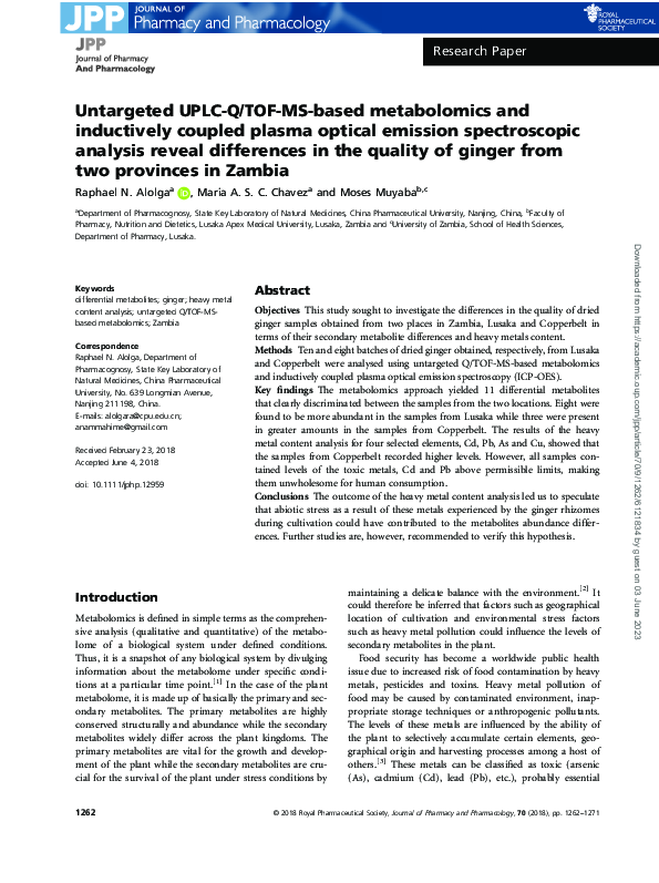(PDF) Untargeted UPLC-Q/TOF-MS-based metabolomics and inductively ...