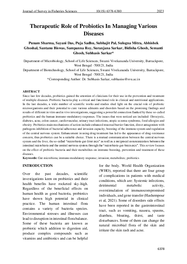 (PDF) Therapeutic Role of Probiotics In Managing Various Diseases