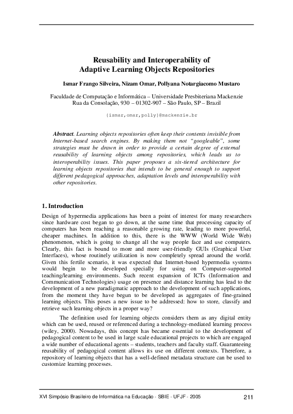 (PDF) Reusability and Interoperability of Adaptive Learning Objects Repositories