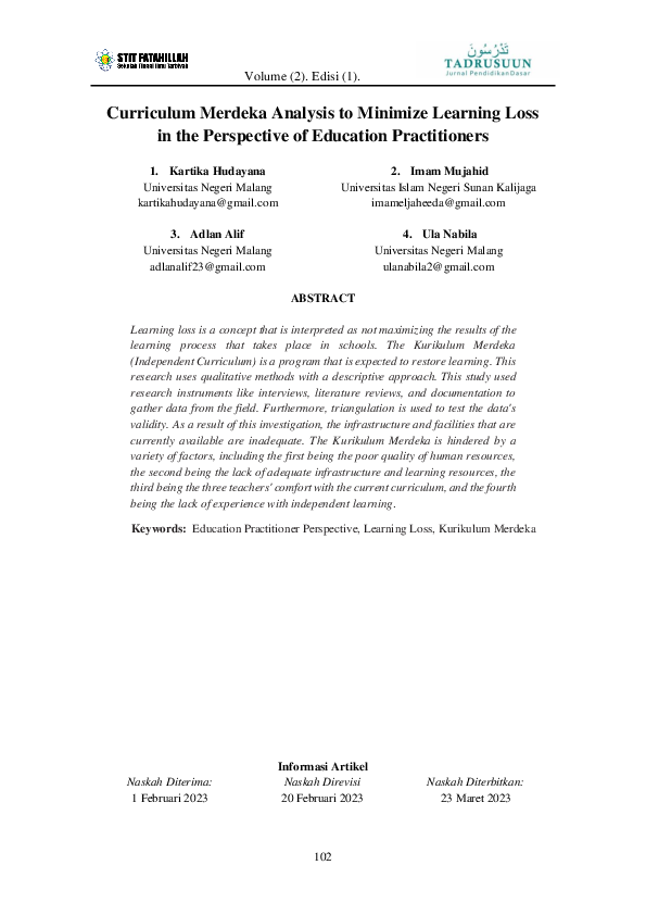 (PDF) Curriculum Merdeka Analysis to Minimize Learning Loss in the Perspective of Education ...