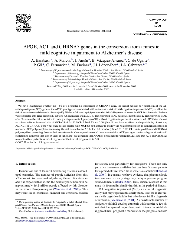 (PDF) APOE, ACT and CHRNA7 genes in the conversion from amnestic mild ...