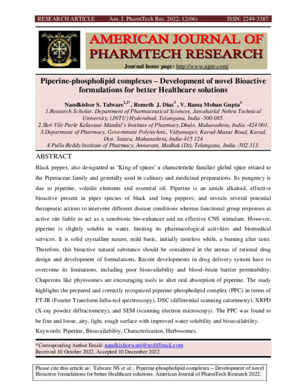 (PDF) Piperine-phospholipid complexes – Development of novel Bioactive ...