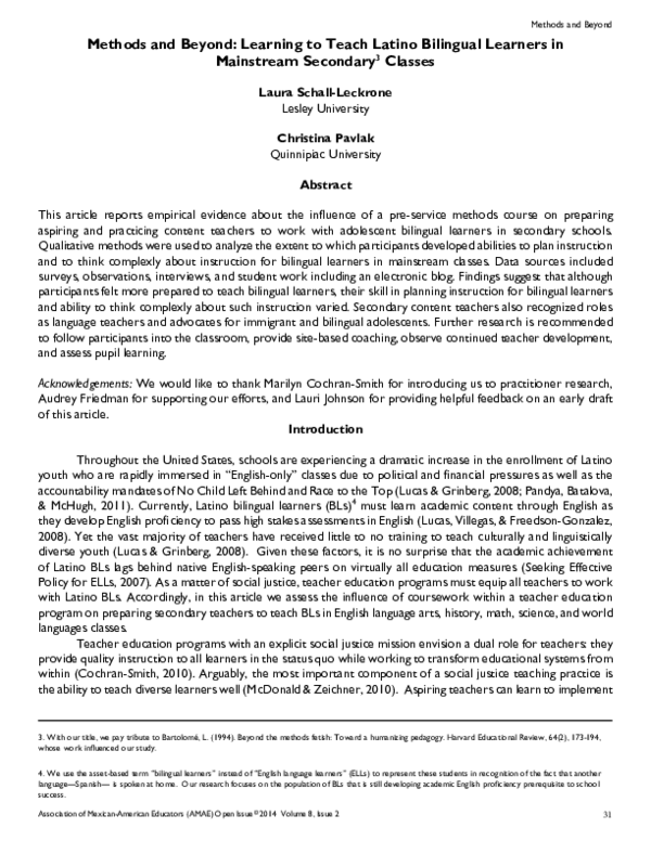 (PDF) Methods and Beyond: Learning to Teach Latino Bilingual Learners in Mainstream Secondary ...