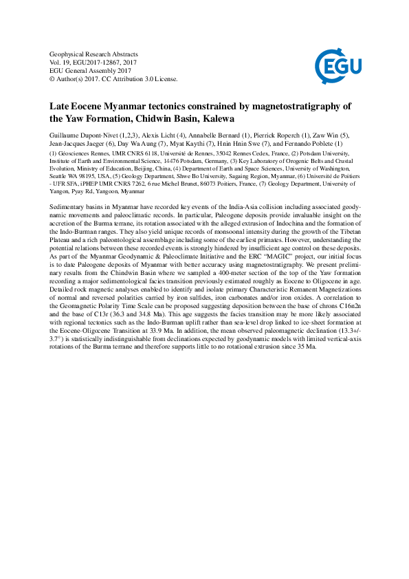 (PDF) Late Eocene Myanmar tectonics constrained by magnetostratigraphy ...
