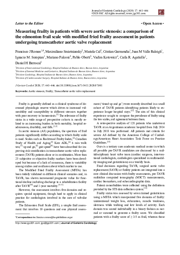 (PDF) Measuring frailty in patients with severe aortic stenosis: a ...