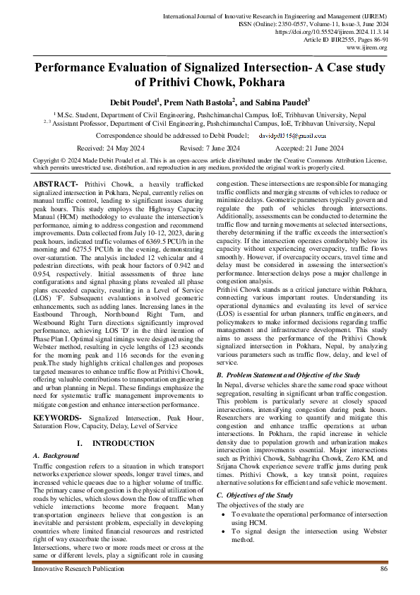 (PDF) Performance Evaluation of Signalized Intersection-A Case study of Prithivi Chowk, Pokhara