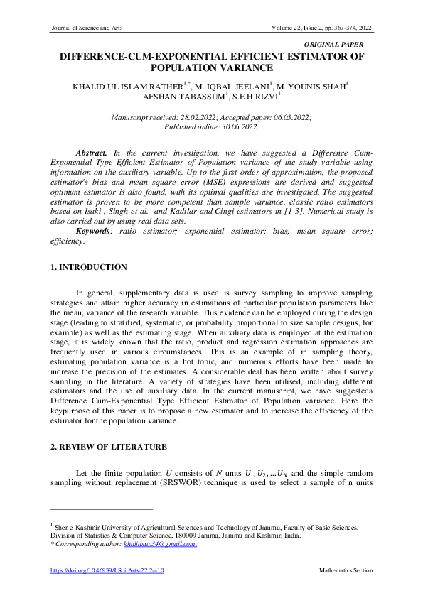 Pdf Difference Cum Exponential Efficient Estimator Of Population Variance