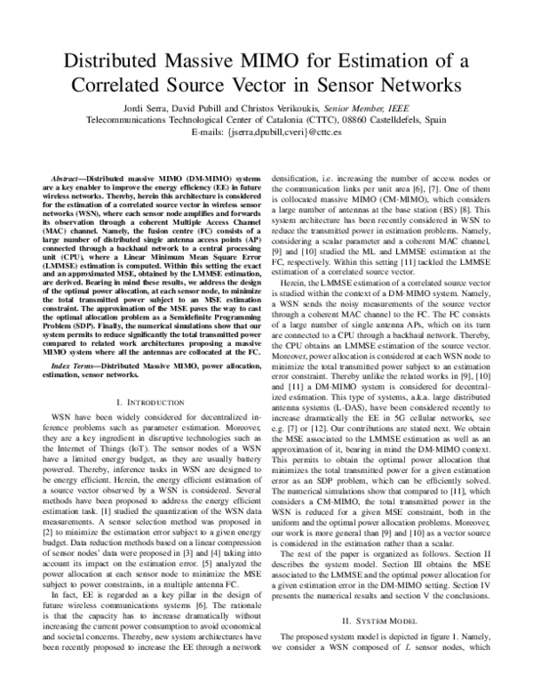 (PDF) Distributed massive MIMO for estimation of a correlated source vector in sensor networks