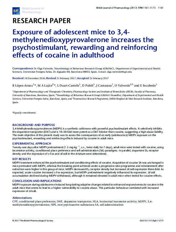 (PDF) Exposure of adolescent mice to 3,4‐methylenedioxypyrovalerone ...