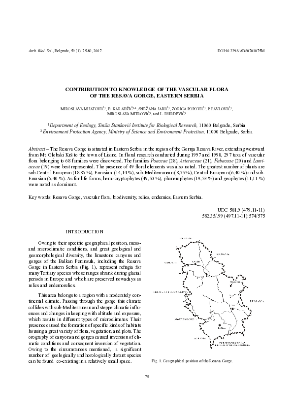 (PDF) Contribution to knowledge of the vascular flora of the Resava Gorge, Eastern Serbia