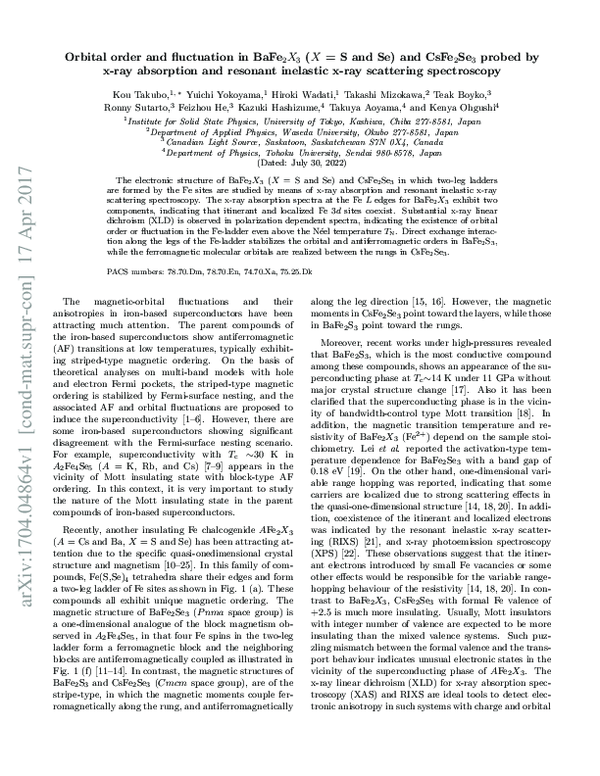(PDF) Orbital order and fluctuation in BaFe$_2X_3$ ($X$ = S and Se) and CsFe$_2$Se$_3$ probed by ...