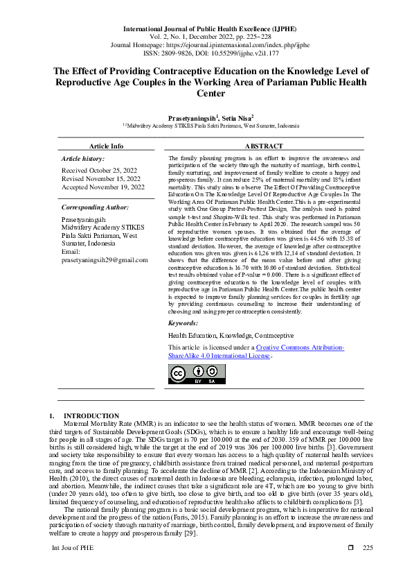 (PDF) The Effect of Providing Contraceptive Education on the Knowledge ...