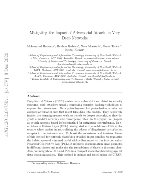 (PDF) Mitigating the Impact of Adversarial Attacks in Very Deep Networks