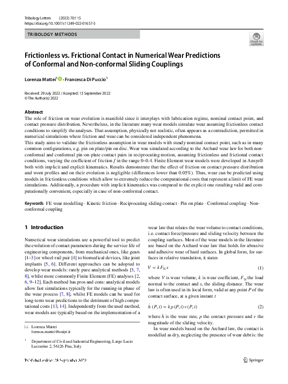 (PDF) Frictionless vs. Frictional Contact in Numerical Wear Predictions ...