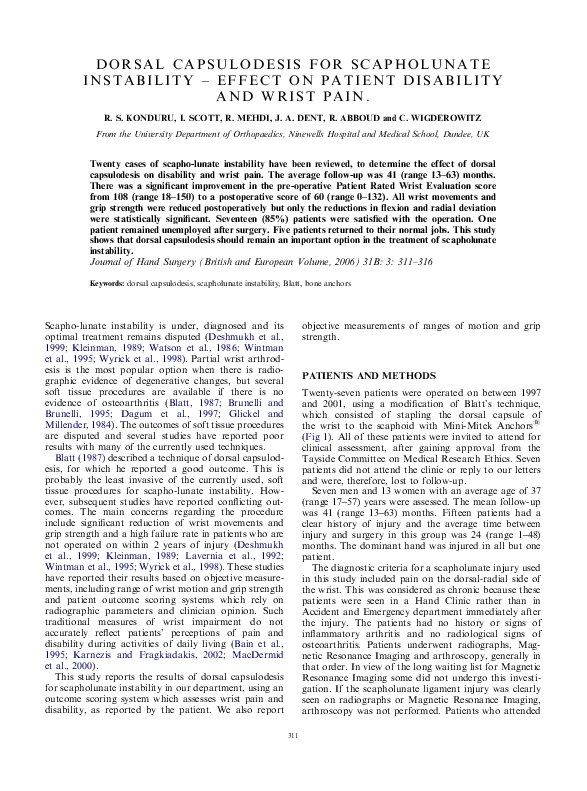 (PDF) Dorsal Capsulodesis for Scapholunate Instability – Effect on ...