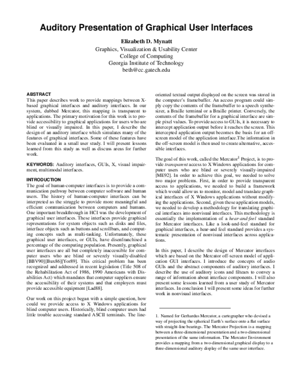 (PDF) Auditory presentation of graphical user interfaces