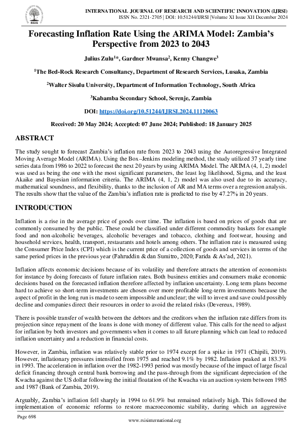 (PDF) Forecasting Inflation Rate Using the ARIMA Model: Zambia's ...
