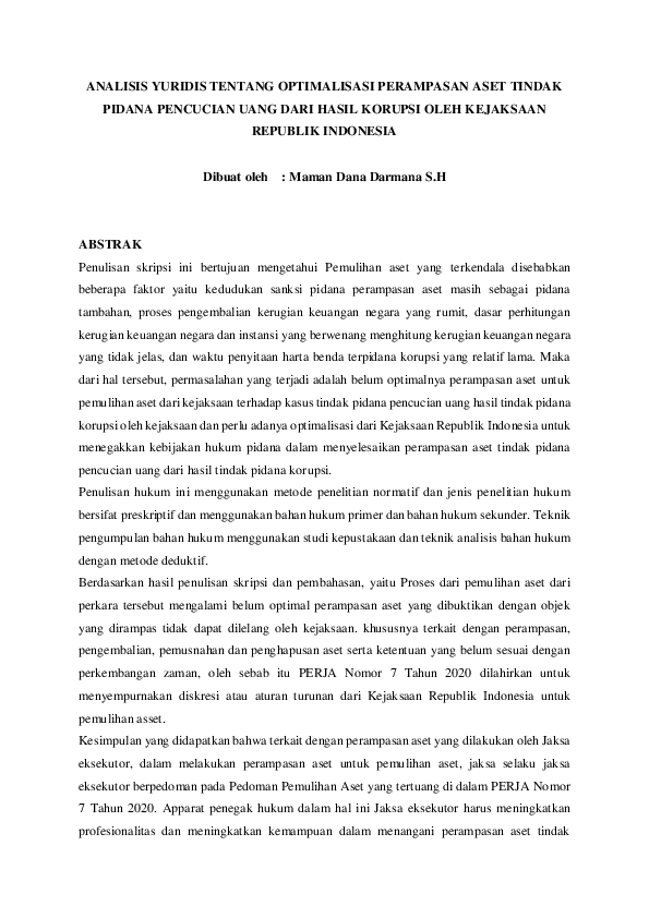 (PDF) ANALISIS YURIDIS TENTANG OPTIMALISASI PERAMPASAN ASET TINDAK PIDANA PENCUCIAN UANG DARI ...
