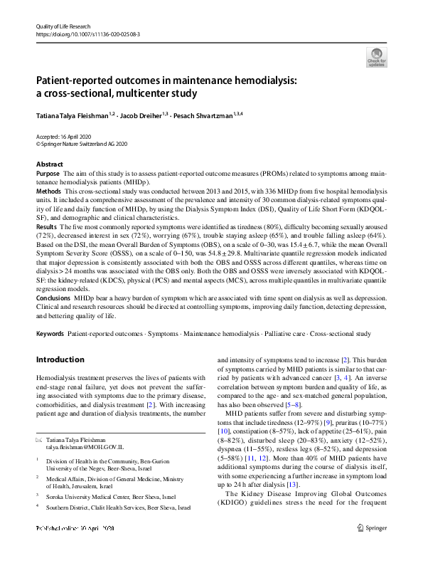 (PDF) Patient-reported outcomes in maintenance hemodialysis: a cross ...