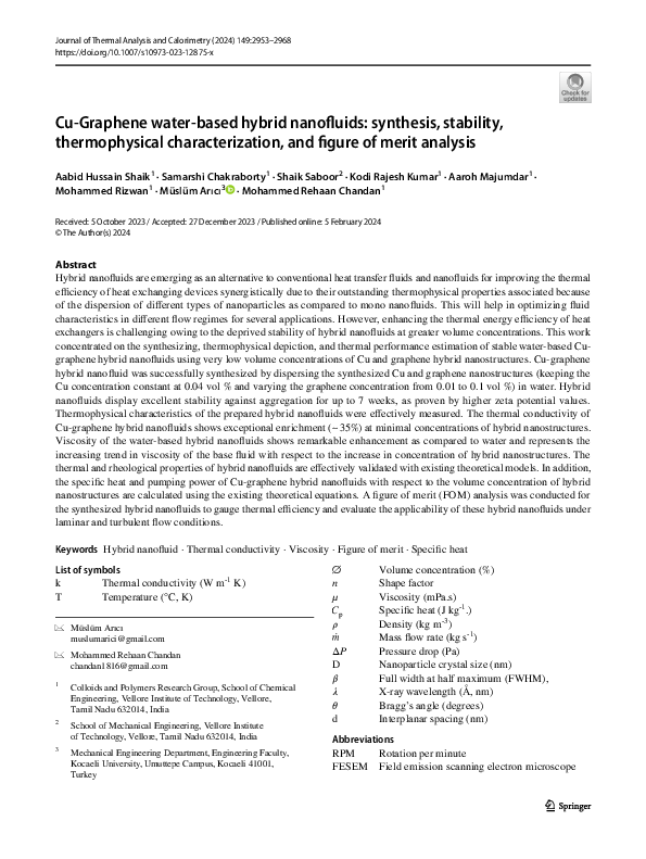 (PDF) Cu-Graphene water-based hybrid nanofluids: synthesis, stability, thermophysical ...