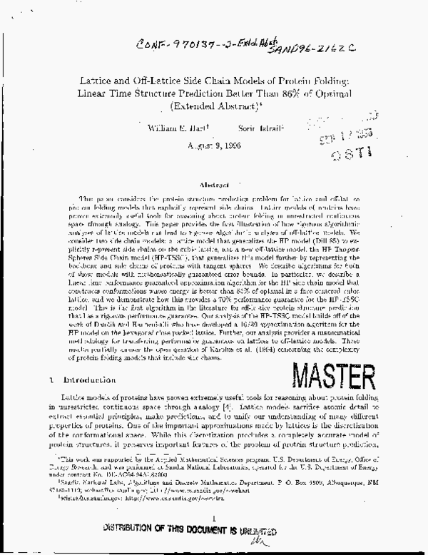 (PDF) Lattice and off-lattice side chain models of protein folding: Linear time structure ...