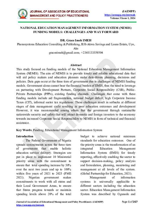 (PDF) NATIONAL EDUCATION MANAGEMENT INFORMATION SYSTEM (NEMIS) FUNDING ...