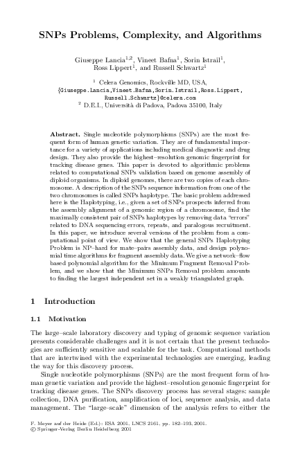 (PDF) Complexity and Algorithms for SNPs Haplotyping