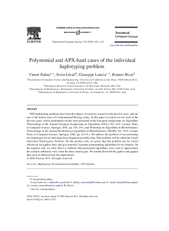 (PDF) Polynomial and APX-hard cases of the individual haplotyping problem