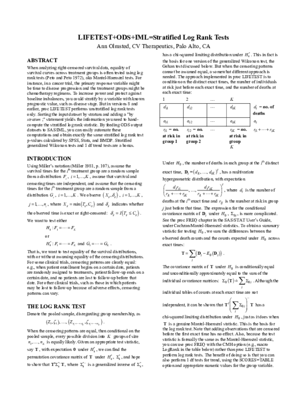(PDF) LIFETEST + ODS + IML = Stratified Log Rank Tests