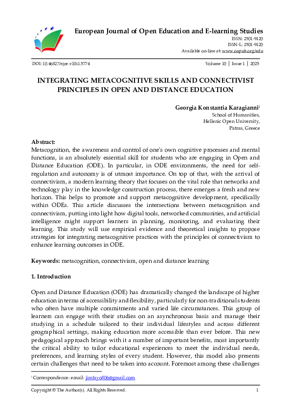 (PDF) INTEGRATING METACOGNITIVE SKILLS AND CONNECTIVIST PRINCIPLES IN OPEN AND DISTANCE EDUCATION
