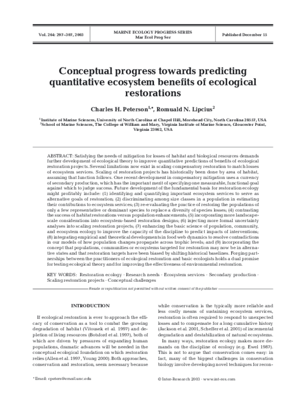 (PDF) Conceptual progress towards predicting quantitative ecosystem benefits of ecological ...