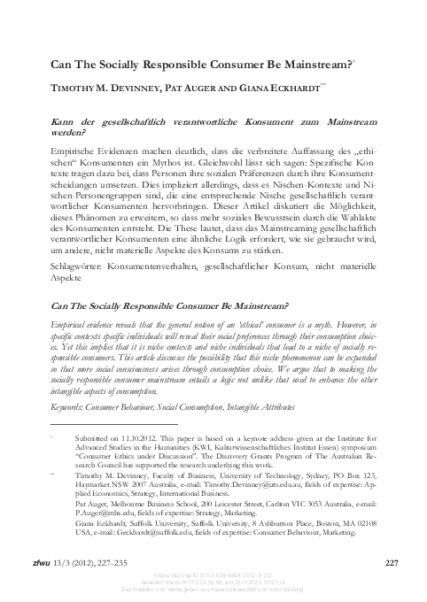 (PDF) Can The Socially Responsible Consumer Be Mainstream?