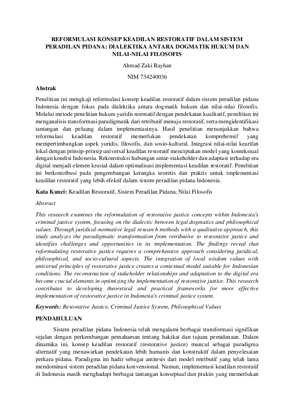 (PDF) REFORMULASI KONSEP KEADILAN RESTORATIF DALAM SISTEM PERADILAN PIDANA: DIALEKTIKA ANTARA ...