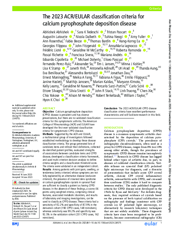 (PDF) The 2023 ACR/EULAR classification criteria for calcium pyrophosphate deposition disease