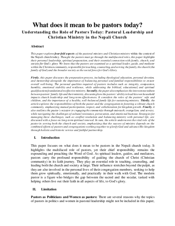 (PDF) What does it mean to be pastors today? Understanding the Role of ...