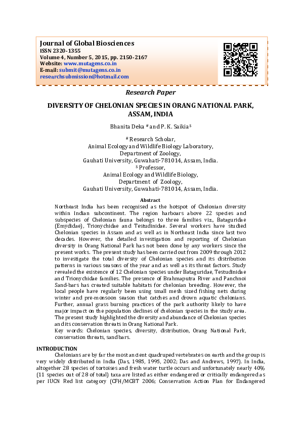 (PDF) Diversity of Chelonian Species in Orang National Park , Assam , India