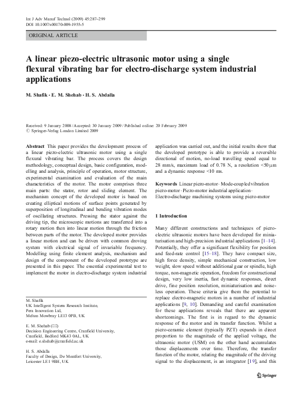 (PDF) A linear piezo-electric ultrasonic motor using a single flexural ...