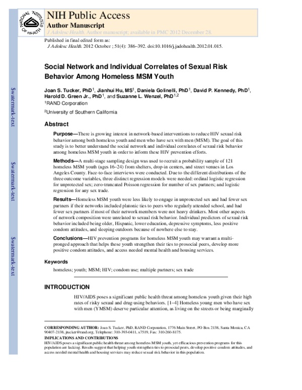 Pdf Social Network And Individual Correlates Of Sexual Risk Behavior 1905