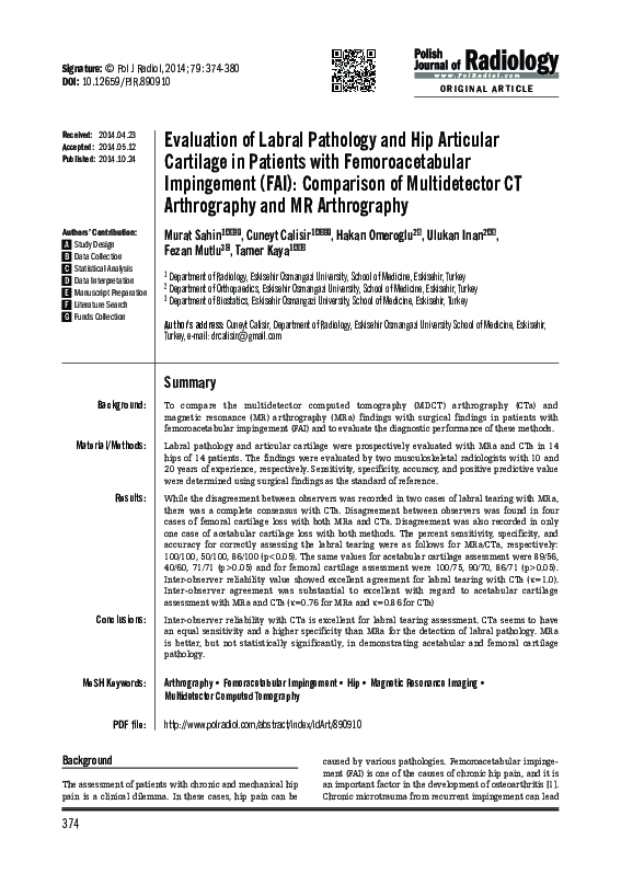 (PDF) Evaluation of Labral Pathology and Hip Articular Cartilage in ...