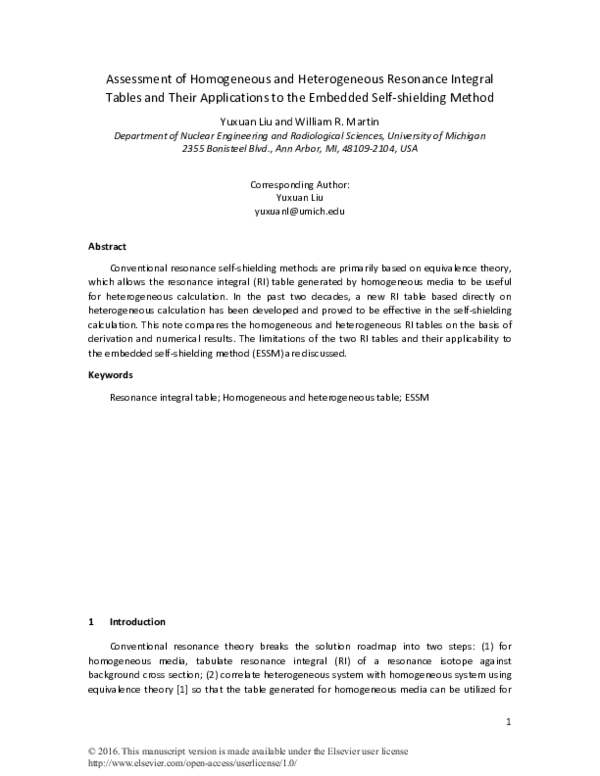 (PDF) Assessment of homogeneous and heterogeneous resonance integral tables and their ...